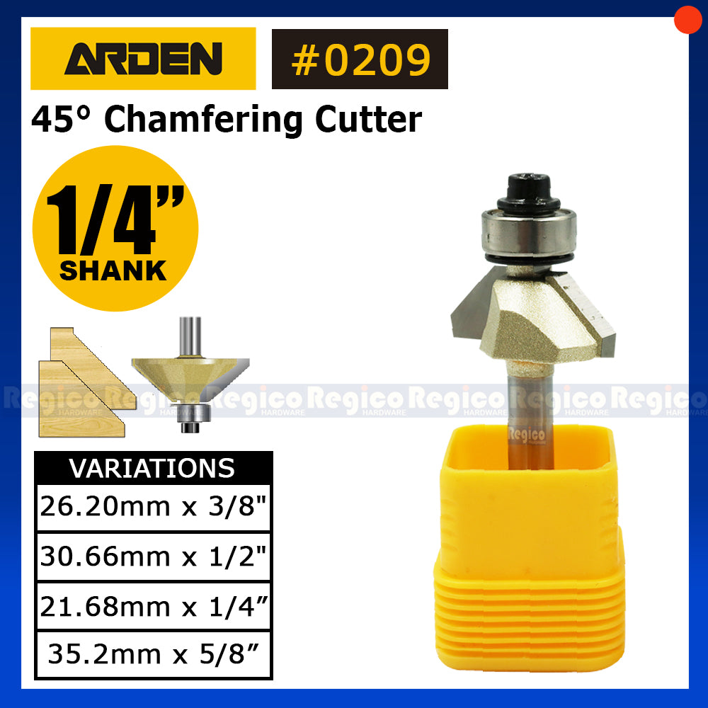 ARDEN #0209 1/4 Shank 45 degree Chamfer Chamfering Router Bit for Wood ...