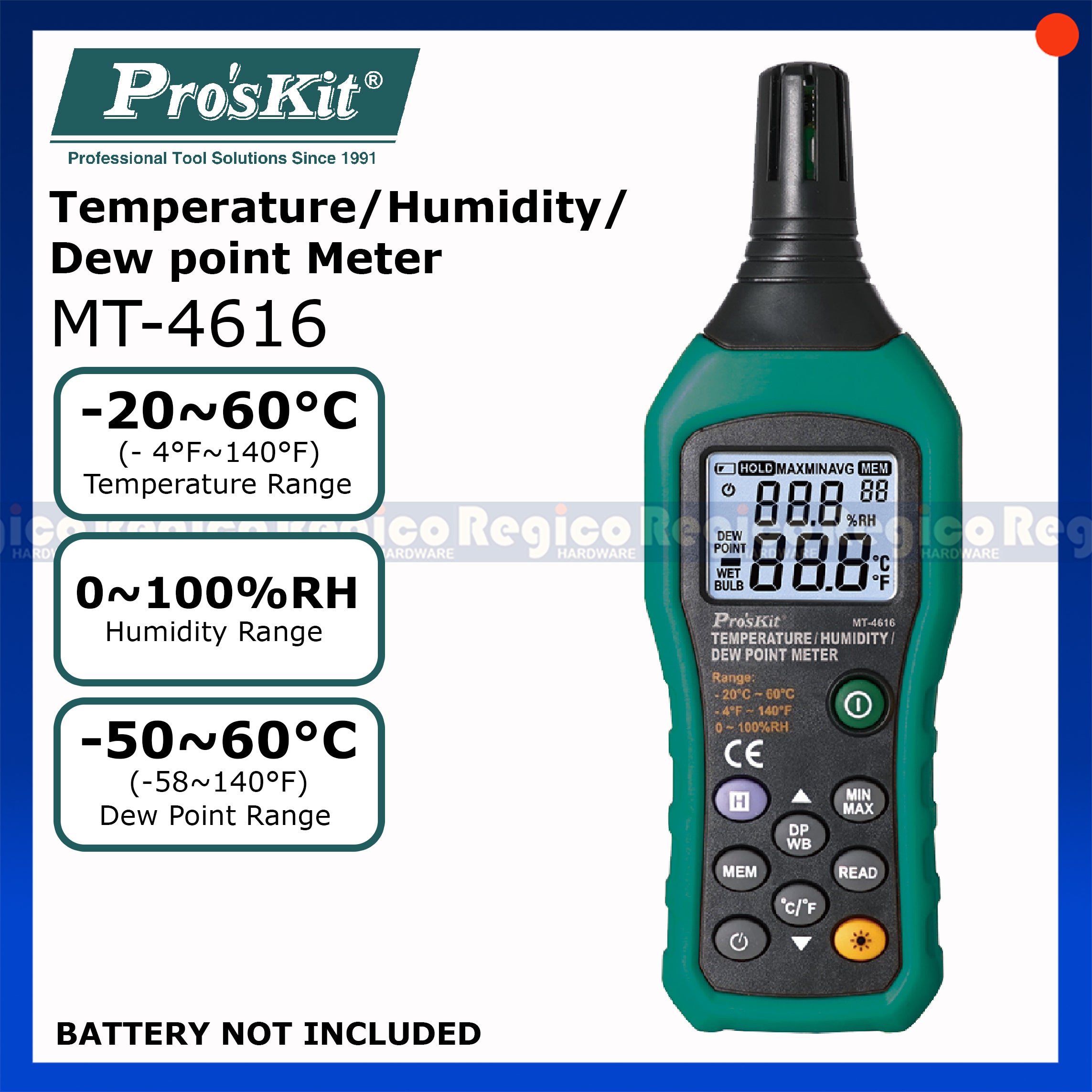Proskit Temperature And Humidity Dew Point Moisture Meter Tester Therm ...